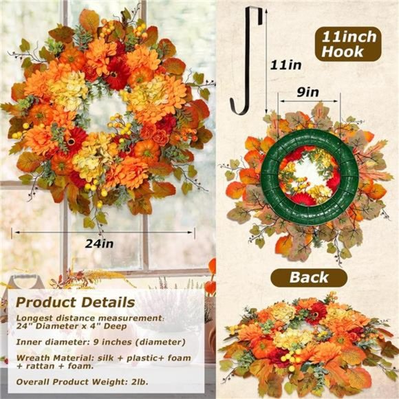 Holiday | 24 Fall Wreath W Hanger Pumpkin Sunflower Eucalyptus Berry Maple Leaf | Poshmark